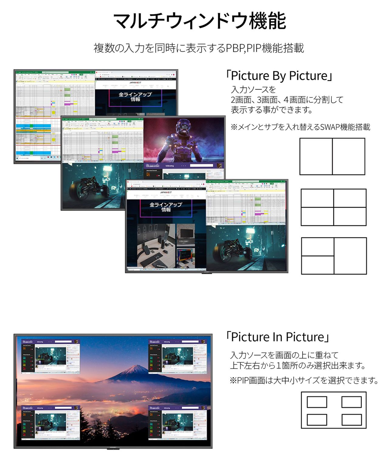 PIP/PBP機能、HDRに対応した大型4K（3,840 2,160）モニター2機種（55インチ／65インチ）を発売開始｜JAPANNEXT | Vook(ヴック)